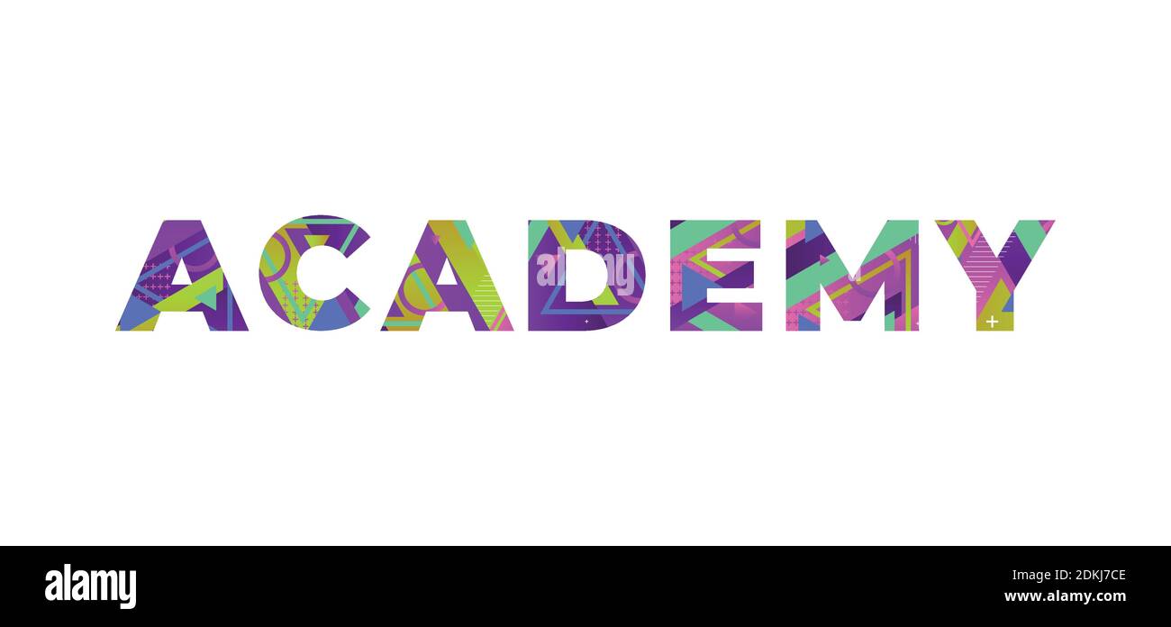The word Academy concept written in colorful retro shapes and colors ...