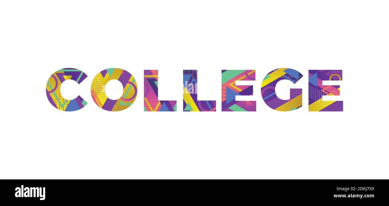 The word COLLEGE concept written in colorful retro shapes and colors ...
