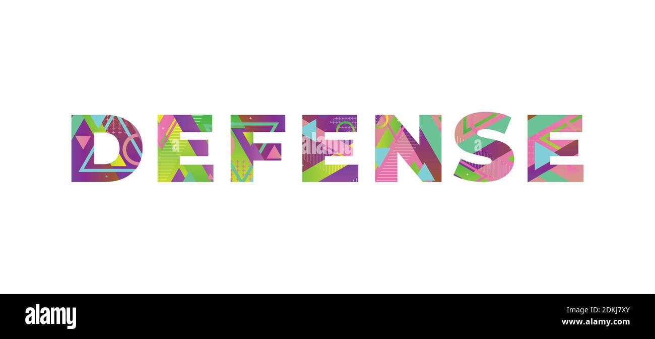 The word DEFENSE concept written in colorful retro shapes and colors ...