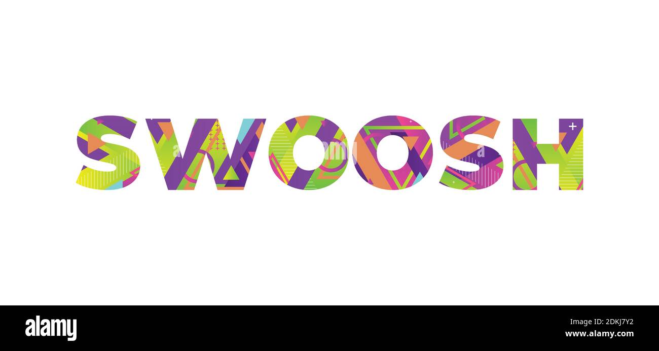 The word SWOOSH concept written in colorful retro shapes and colors ...