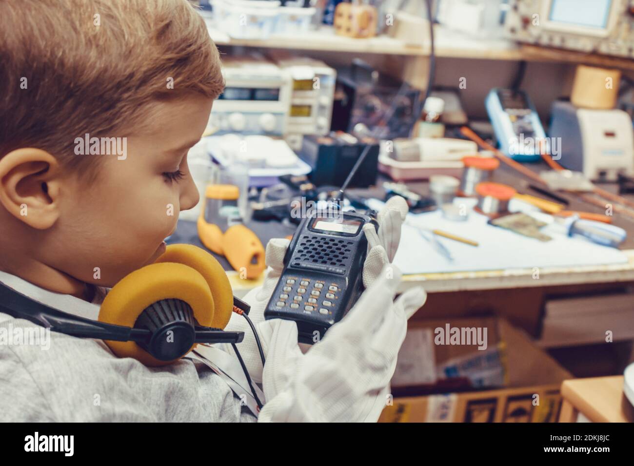 Happy Boy Using Using Walkie Talkie Stock Photo - Alamy