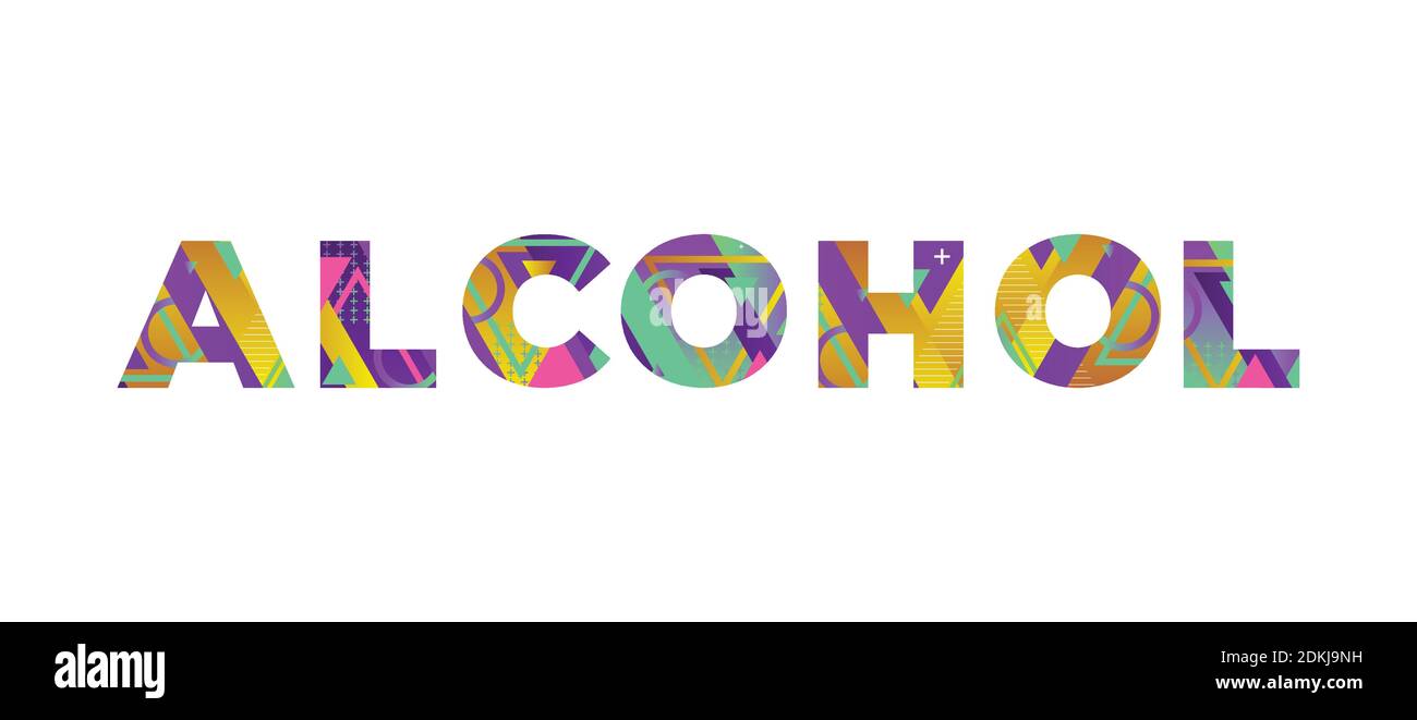 The word ALCOHOL concept written in colorful retro shapes and colors ...