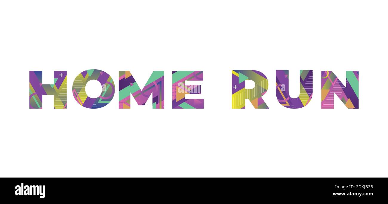The words HOME RUN concept written in colorful retro shapes and colors ...