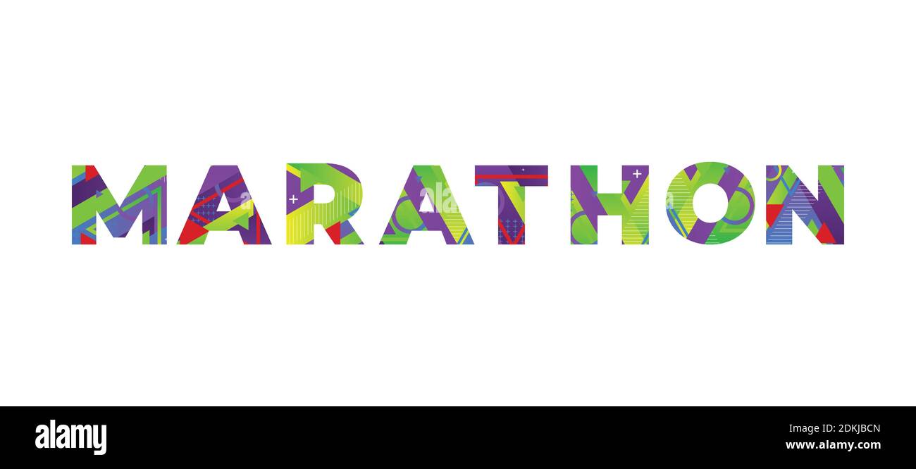 The word MARATHON concept written in colorful retro shapes and colors ...