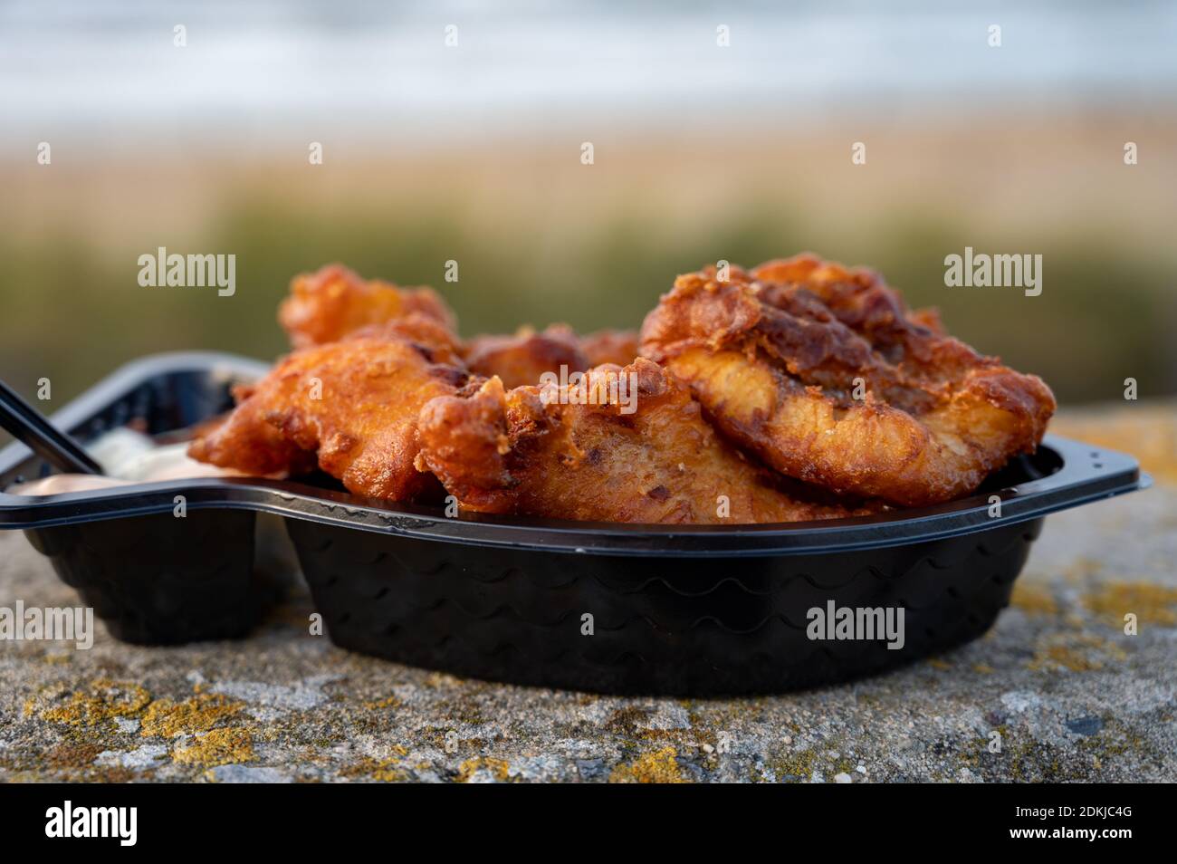 Dutch street seafood, deep fried cod fish fillet with garlic sauce ...