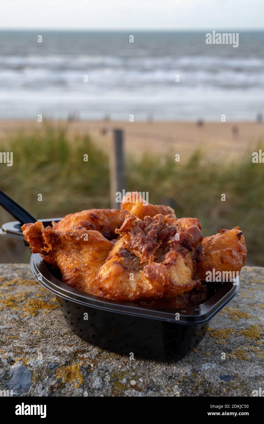 Dutch street seafood, deep fried cod fish fillet with garlic sauce ...
