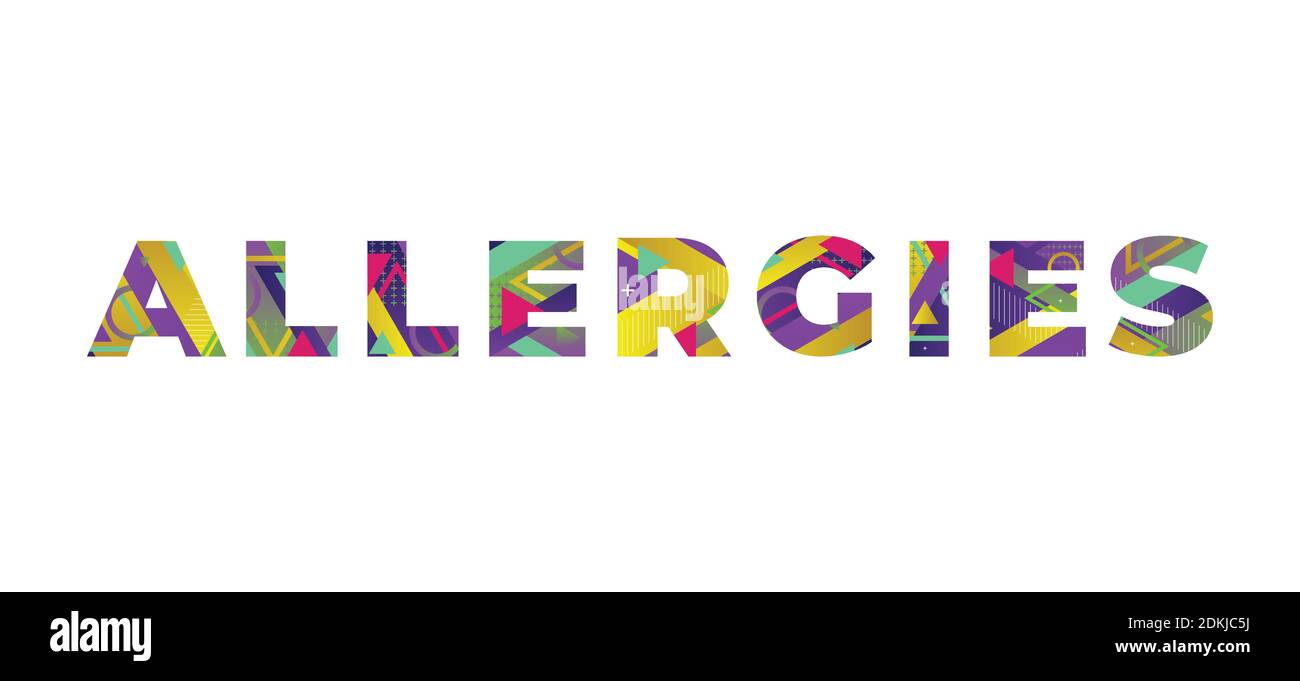 The word ALLERGIES concept written in colorful retro shapes and colors ...