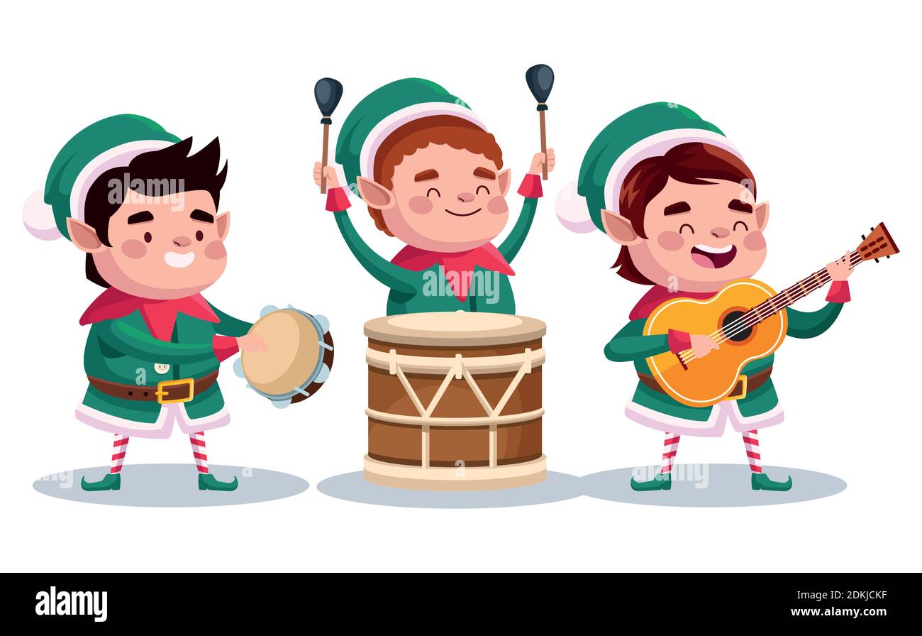 group of santa helpers playing instruments characters vector ...