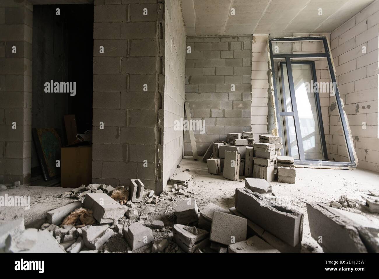 Abandoned house interior, dirty room, rotten peeled walls Stock Photo ...
