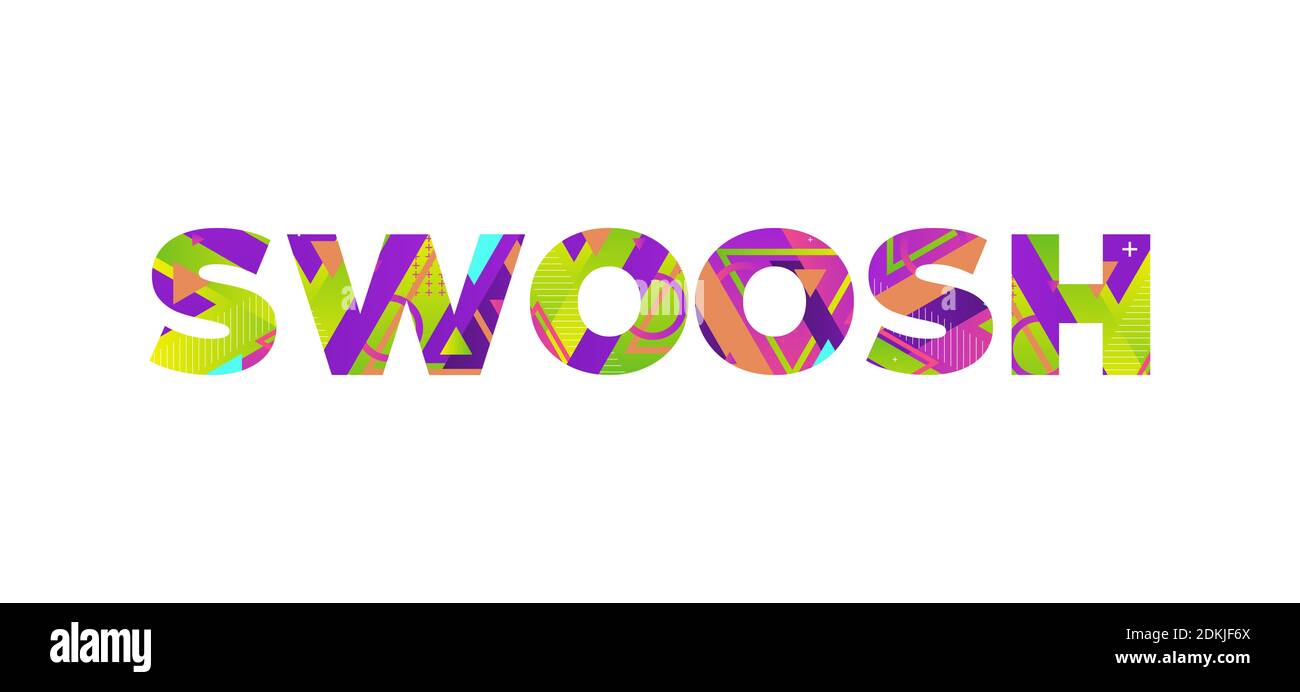 The word SWOOSH concept written in colorful retro shapes and colors ...