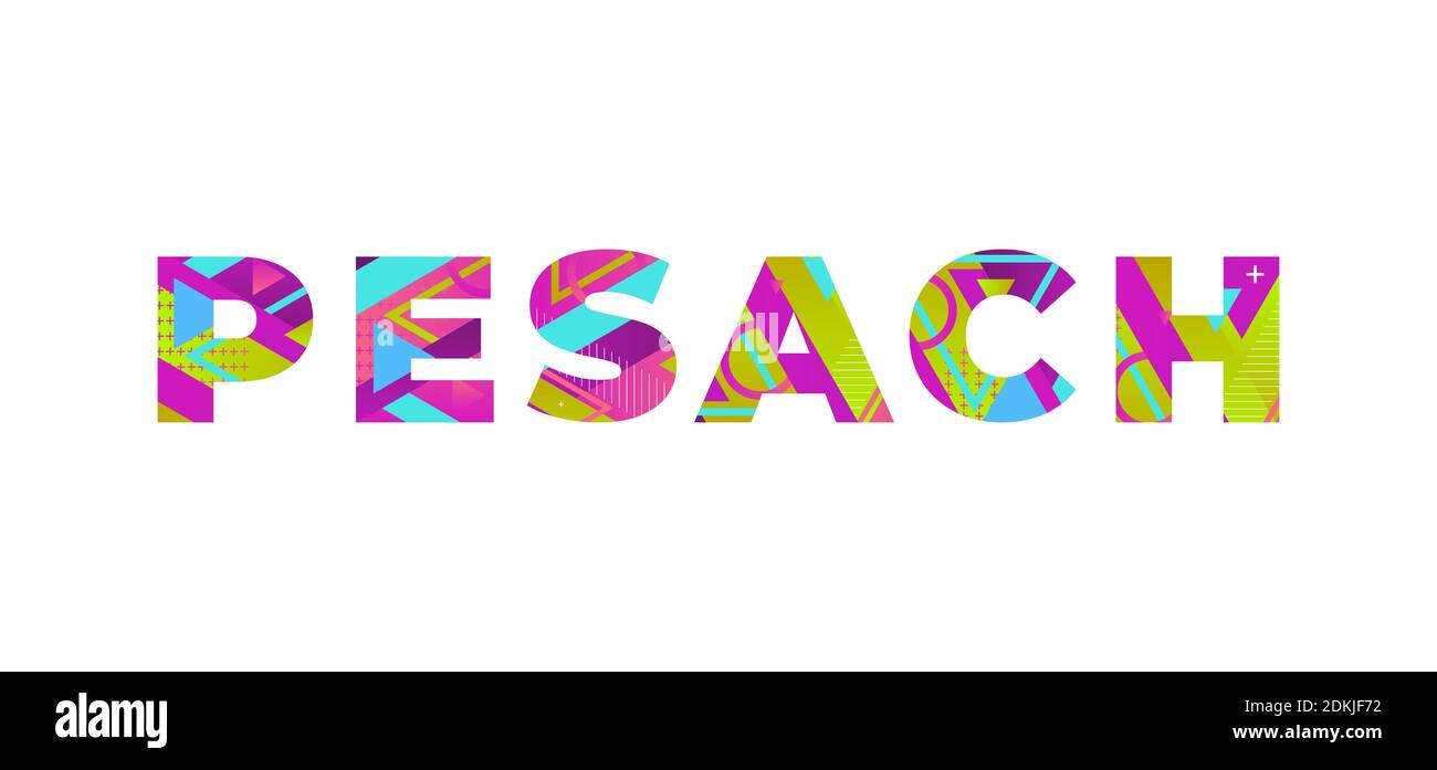 The word PESACH concept written in colorful retro shapes and colors ...