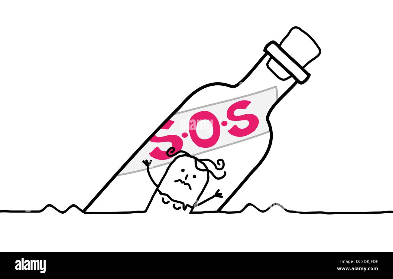 Hand drawn Cartoon Girl who needs Help, in a floating S.O.S Bottle ...