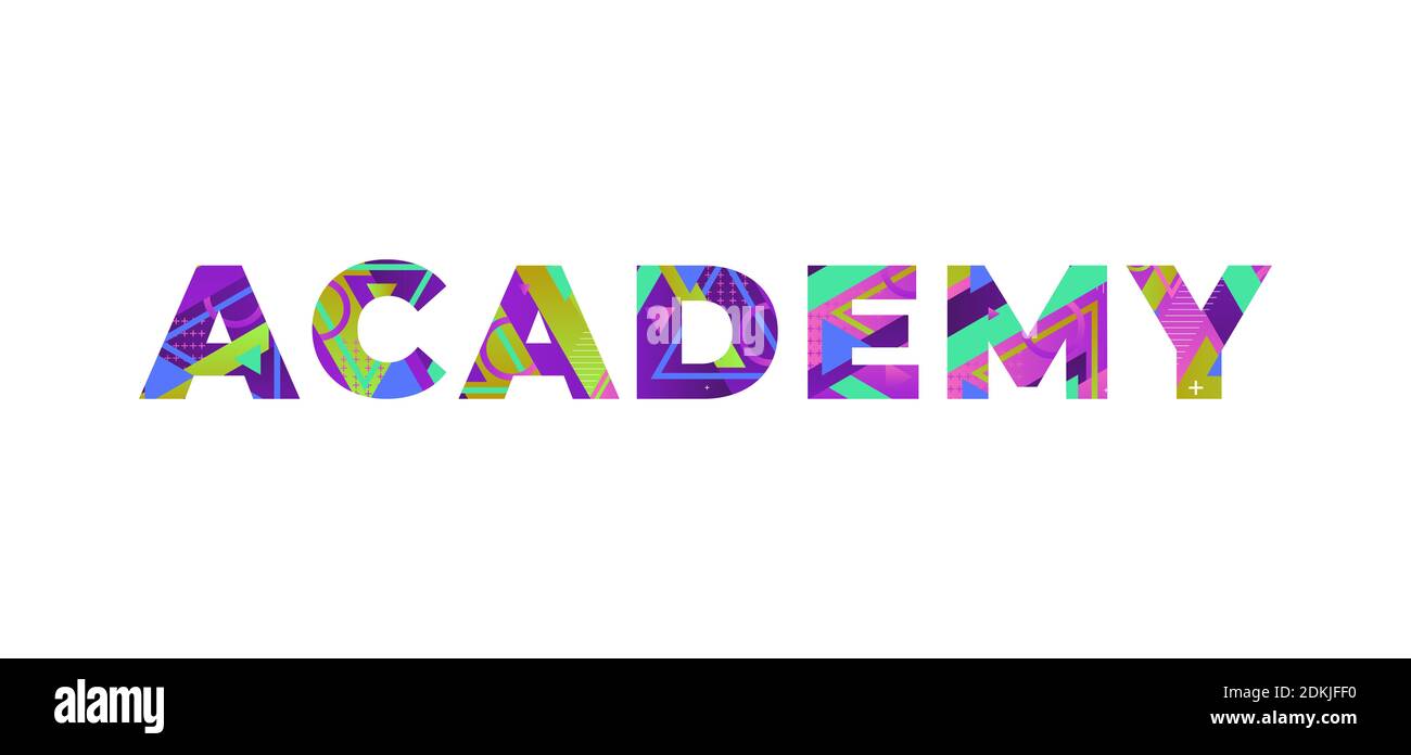 The word Academy concept written in colorful retro shapes and colors ...
