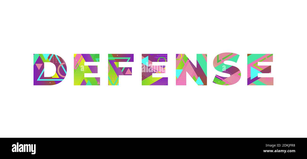 The word DEFENSE concept written in colorful retro shapes and colors ...