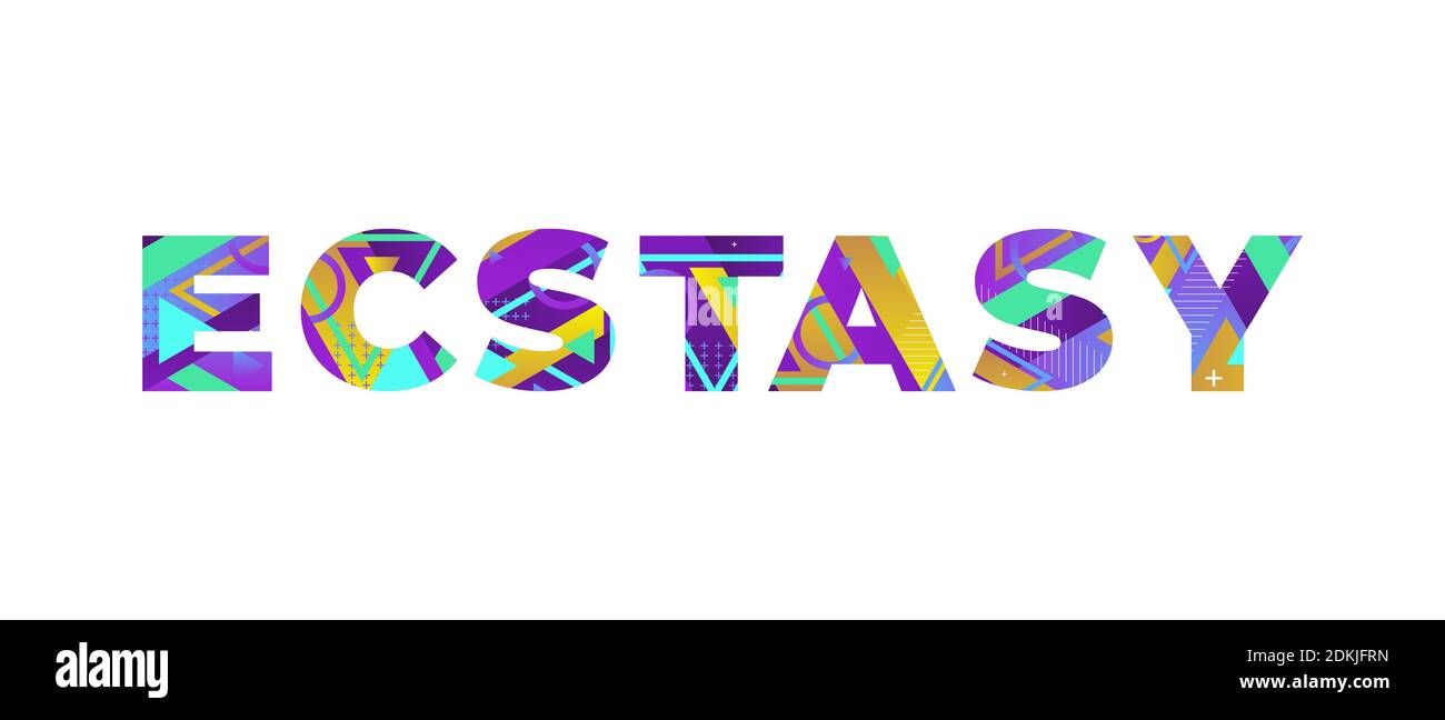 The word ECSTASY concept written in colorful retro shapes and colors ...