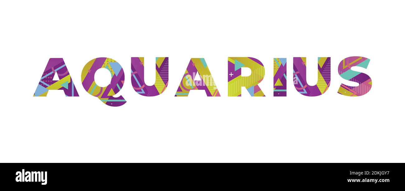 The word Aquarius concept written in colorful retro shapes and colors ...