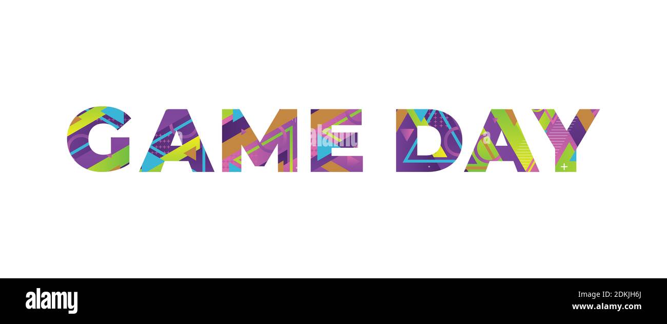 The words GAME DAY concept written in colorful retro shapes and colors ...
