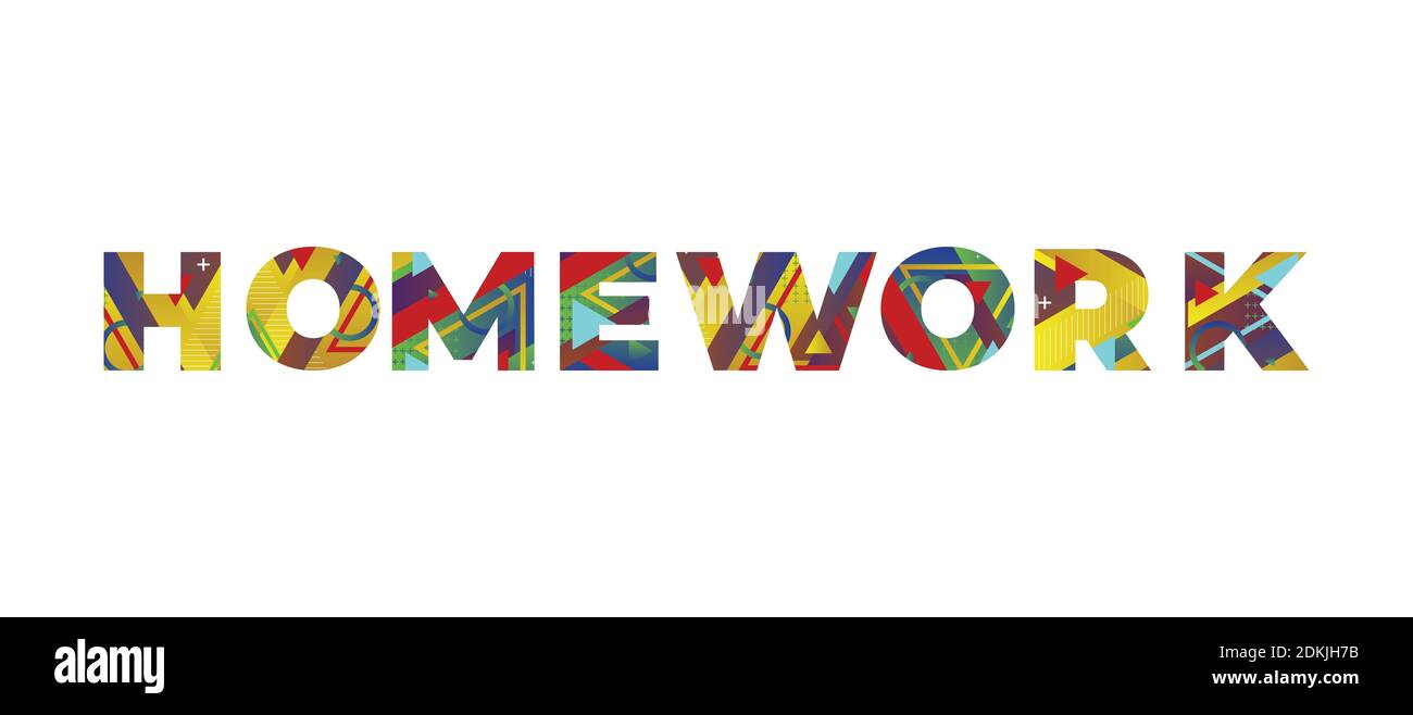The word HOMEWORK concept written in colorful retro shapes and colors ...