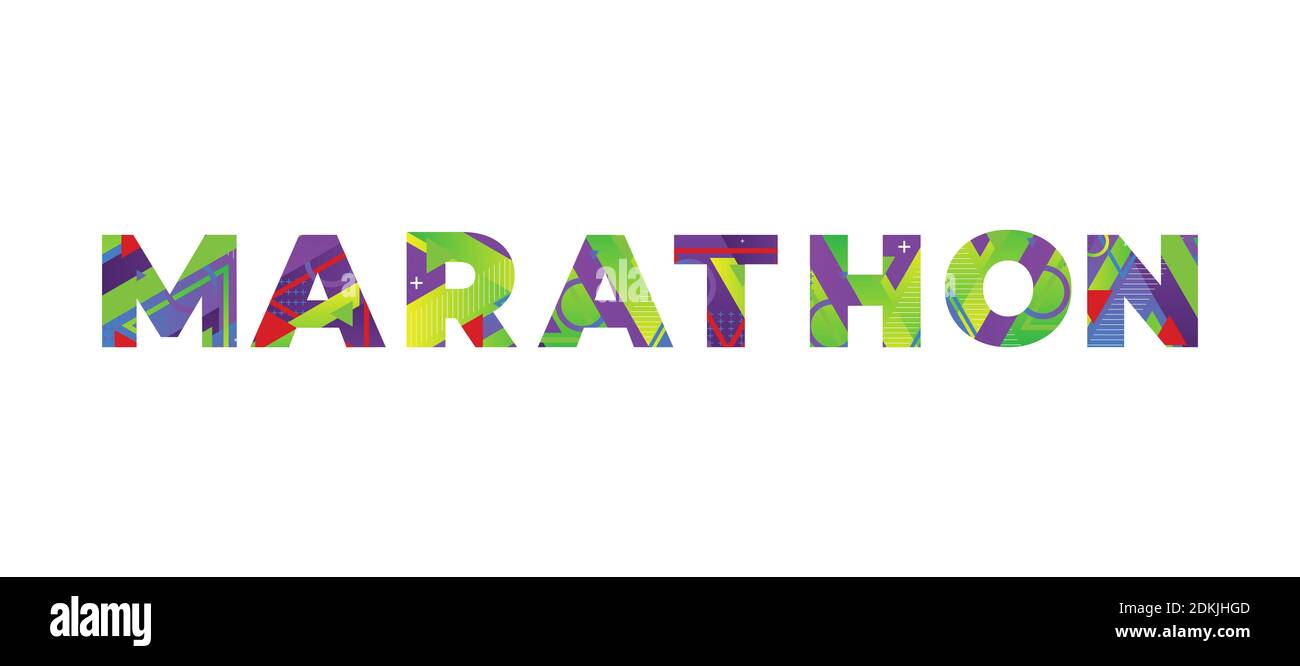 The word MARATHON concept written in colorful retro shapes and colors ...