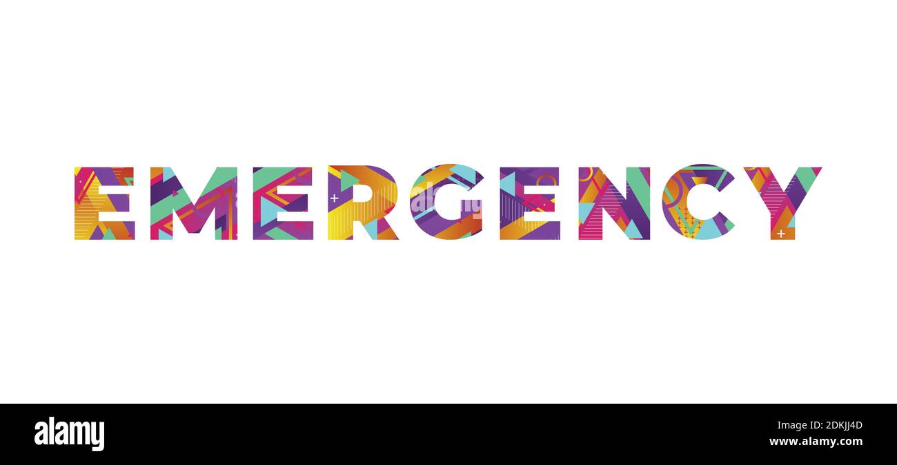 The word EMERGENCY concept written in colorful retro shapes and colors ...