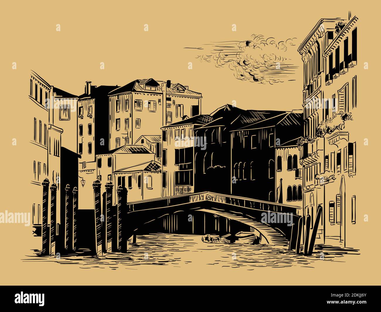 Vector hand drawing sketch illustration of canal in Venice. Venice ...