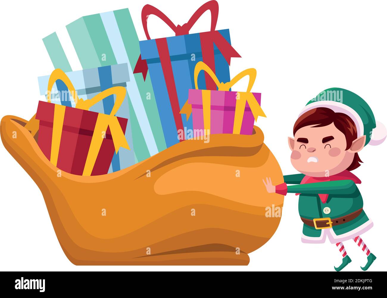elf santa helper with gifts bag comic character vector illustration ...