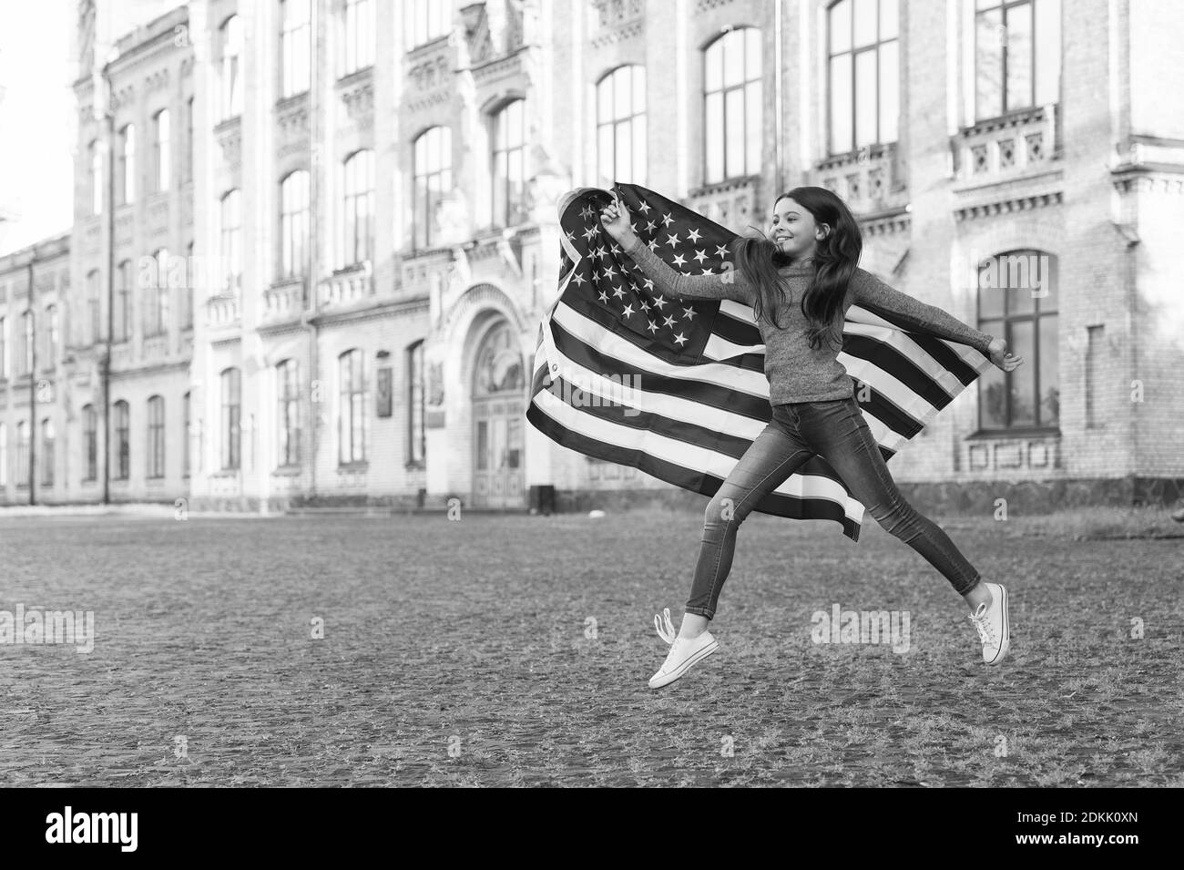 Got USA visa. Happy girl jump with american flag. Visa applicant. Visa ...