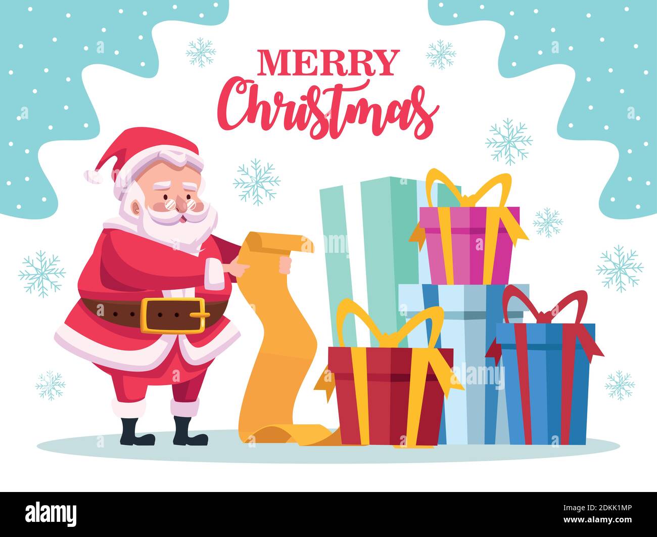 cute santa claus reading gifts list and pile presents character vector ...