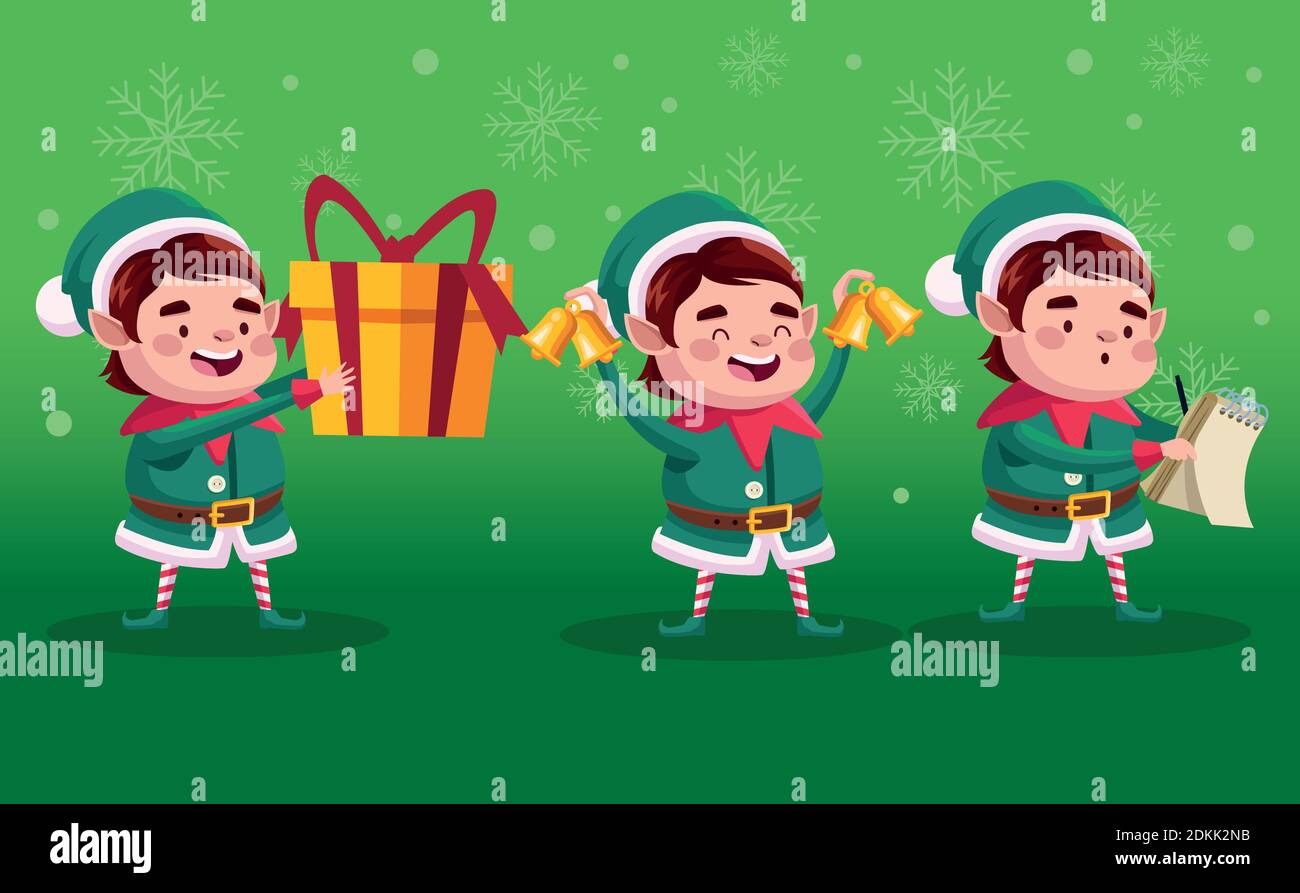 group of santa helpers with gift and bells characters vector ...