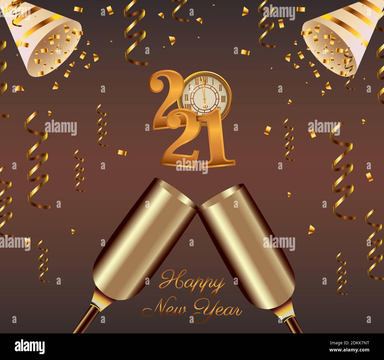 happy new year lettering card with cornets and champagne vector ...
