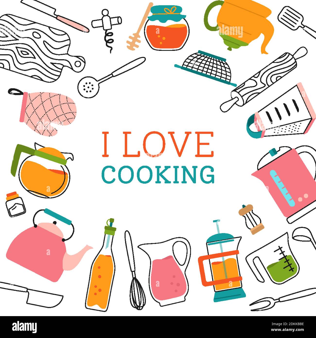 Kitchenware line cartoon card, I love cook. Modern kitchen tool flat ...