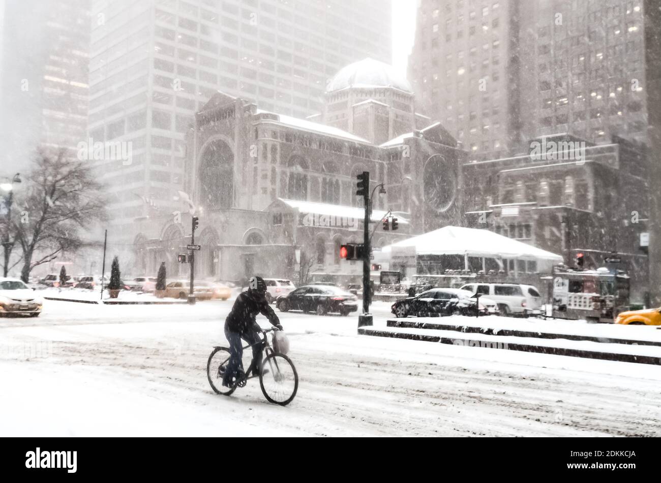 Winter snowstorm blizzard in New York City with heavy snow fall, cars ...