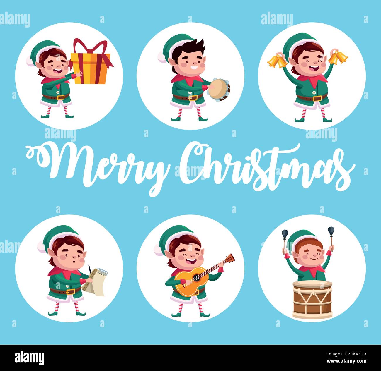 group of santa helpers characters with gifts and instruments vector ...