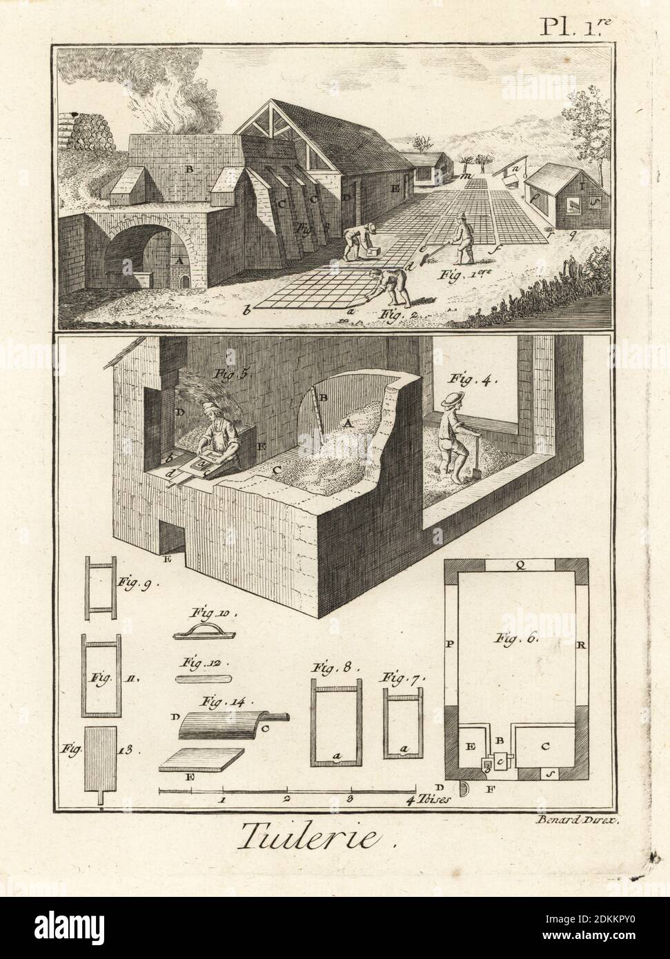 Tile works, 18th century. Workers baking roof tiles in a factory ...