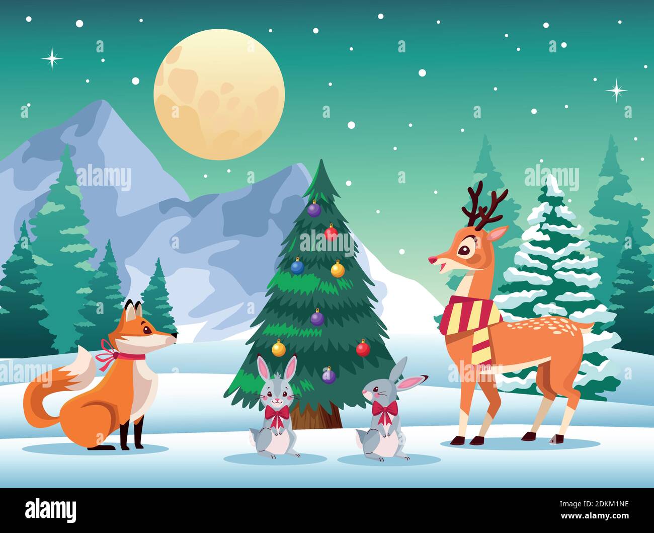 cute animals around of christmas tree in the snowscape vector ...