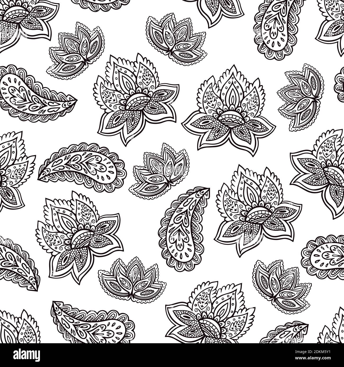 Black and white seamless psychedelic pattern with floral and paisley ...