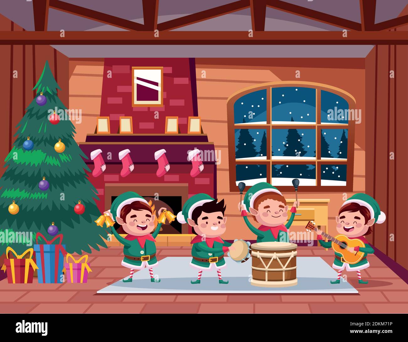 group of santa helpers playing instruments in the house vector ...