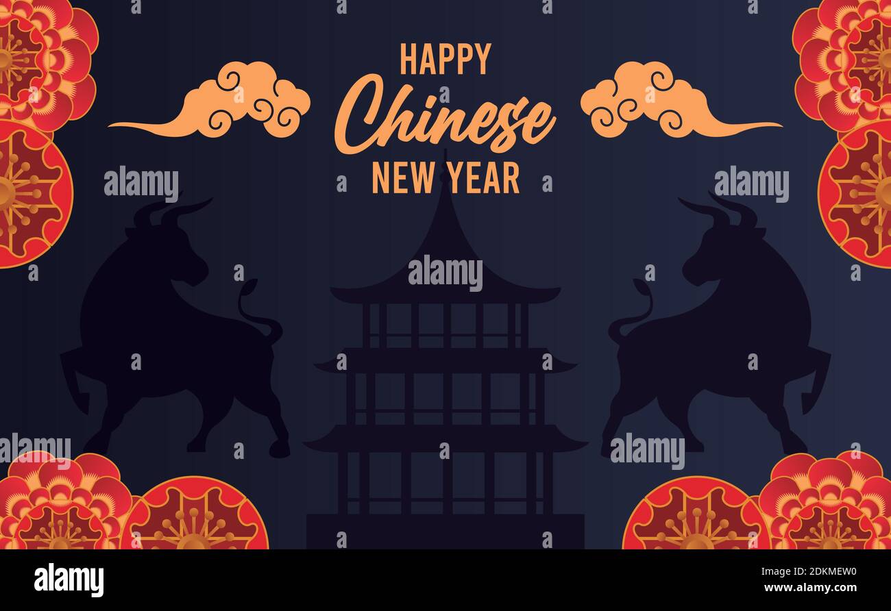happy chinese new year lettering card with oxen and castle silhouettes ...