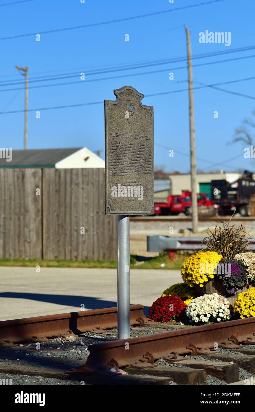 Rondout, Illinois, USA. A commemorative plaque splices a rusty stretch ...