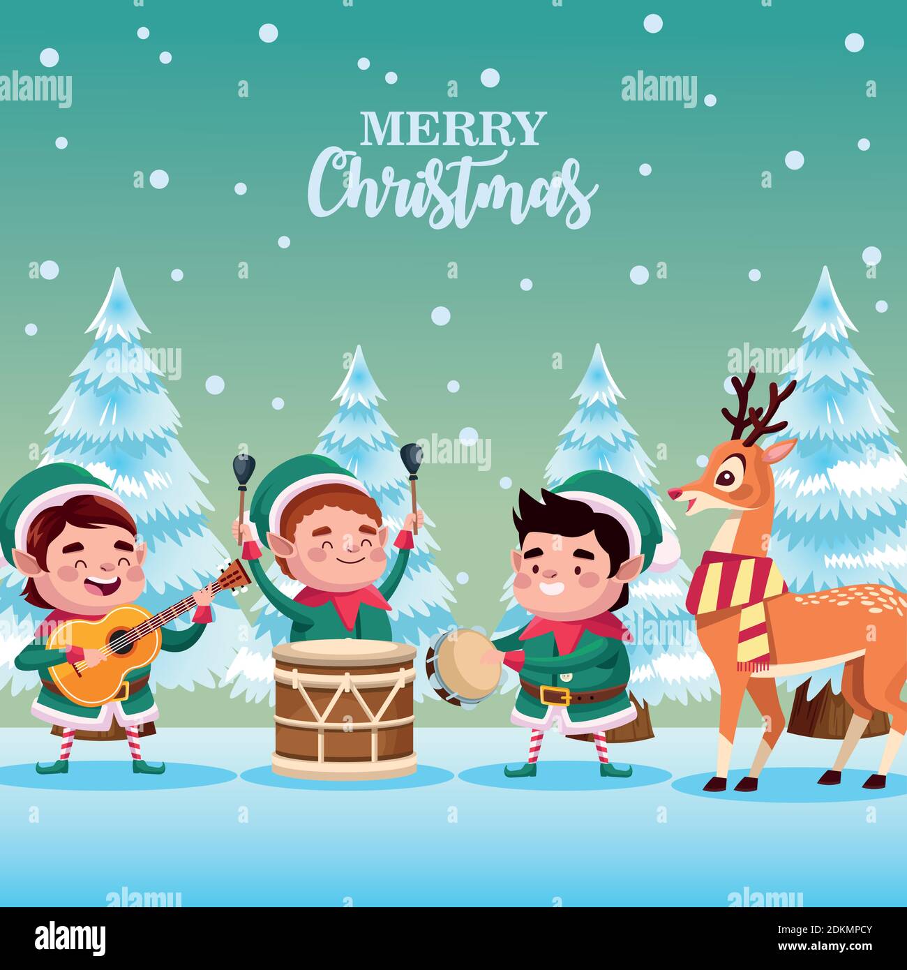 group of santa helpers playing instruments and deer characters vector ...