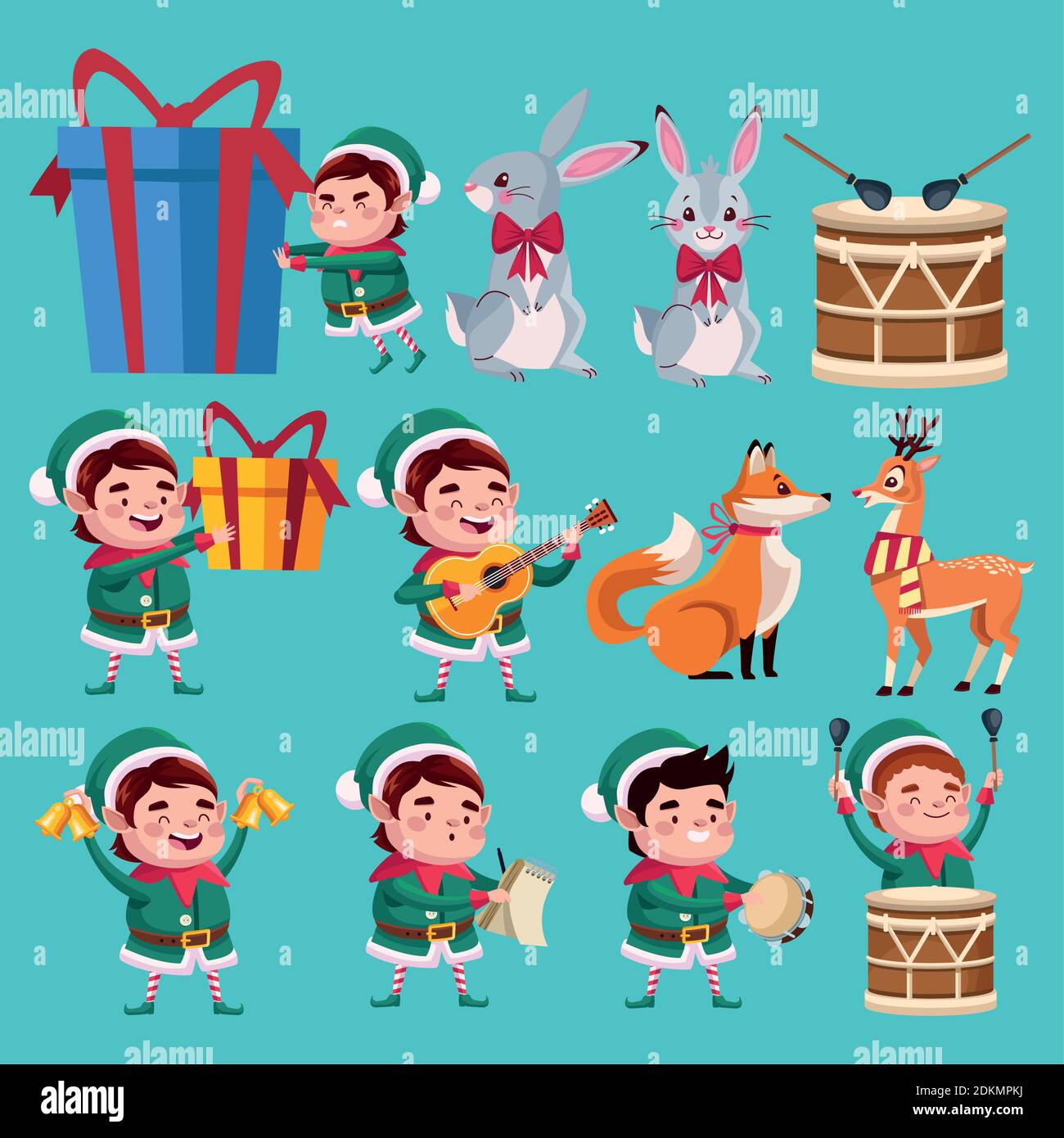group of santa helpers characters with animals and instruments vector ...