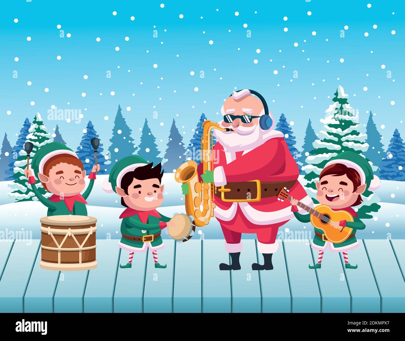 cute santa claus and helpers playing instruments snowscape scene vector ...
