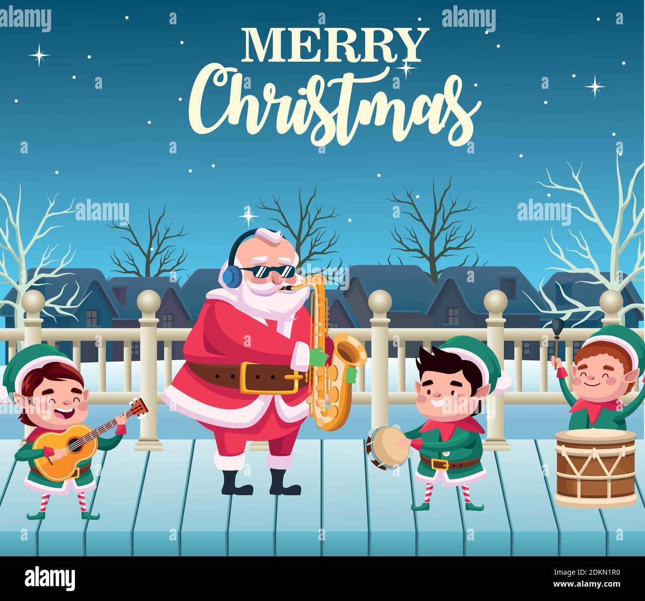 happy merry christmas lettering card with santa and elf playing ...