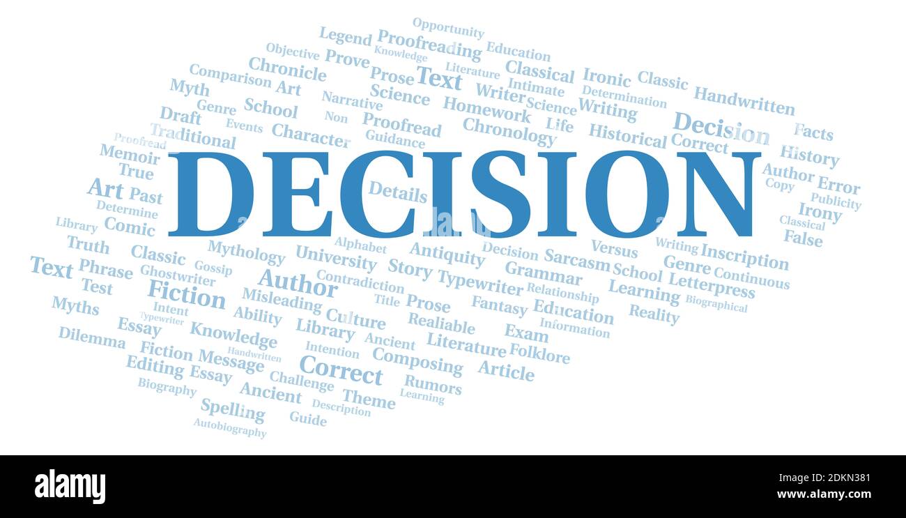 Decision typography word cloud create with text only Stock Photo - Alamy