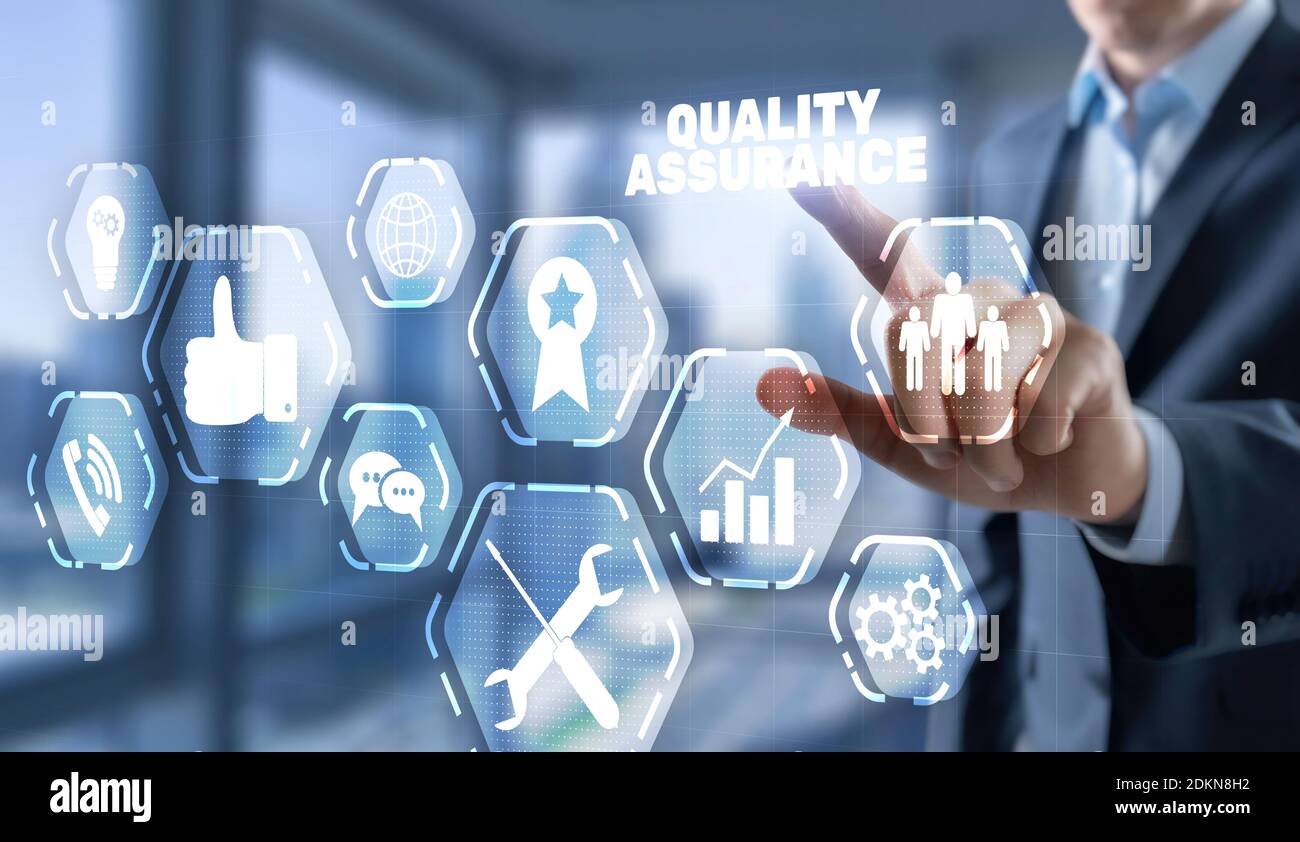 Man pressing touch screen interface quality assurance Stock Photo - Alamy