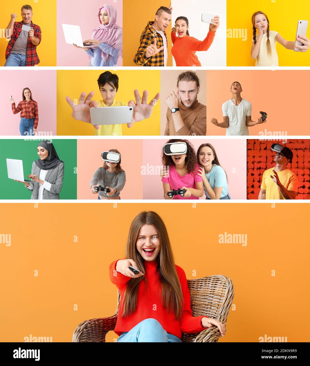 Collage of photos with different people using devices on color ...