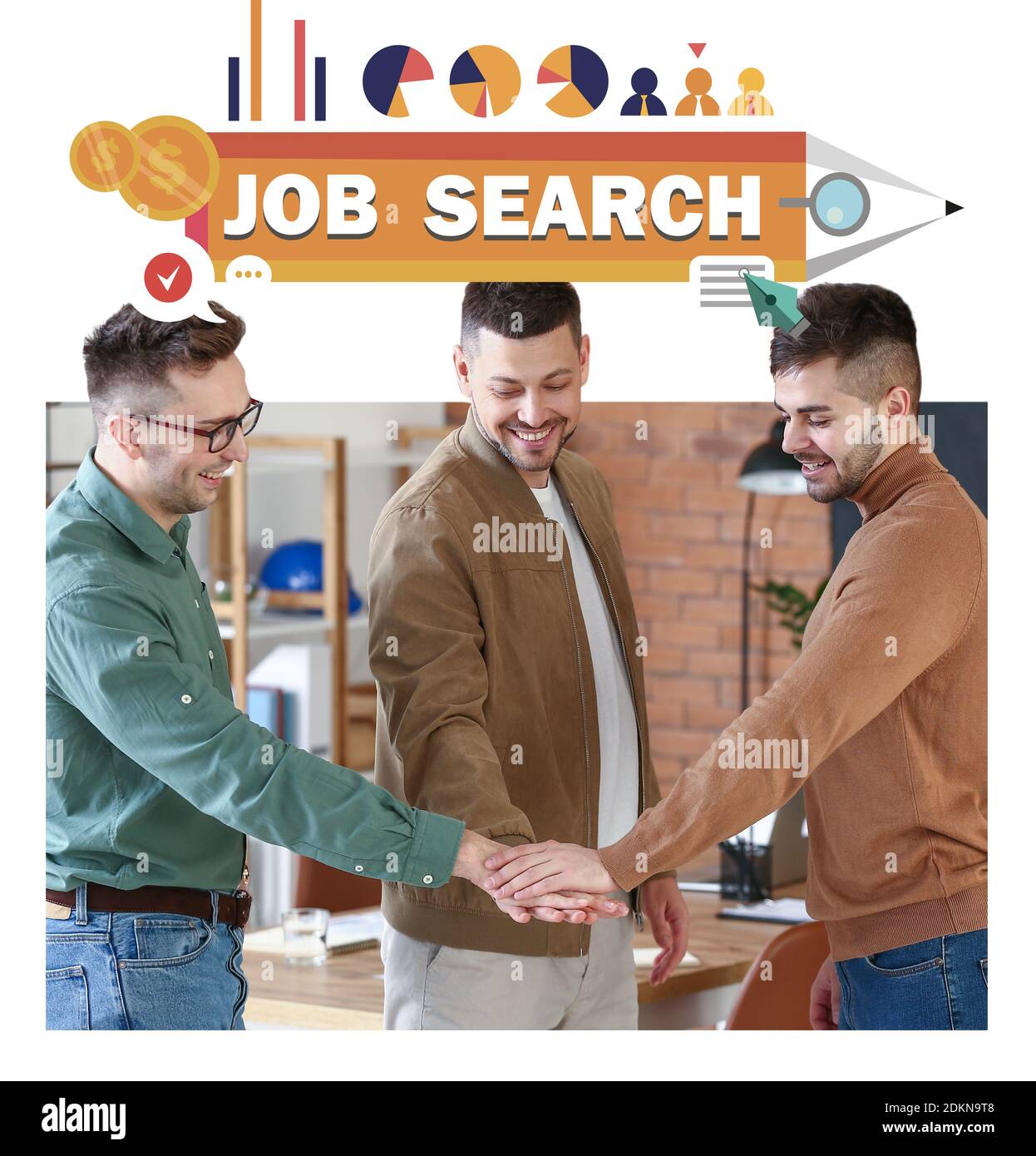 Group of men putting hands together in office. Concept of job searching ...