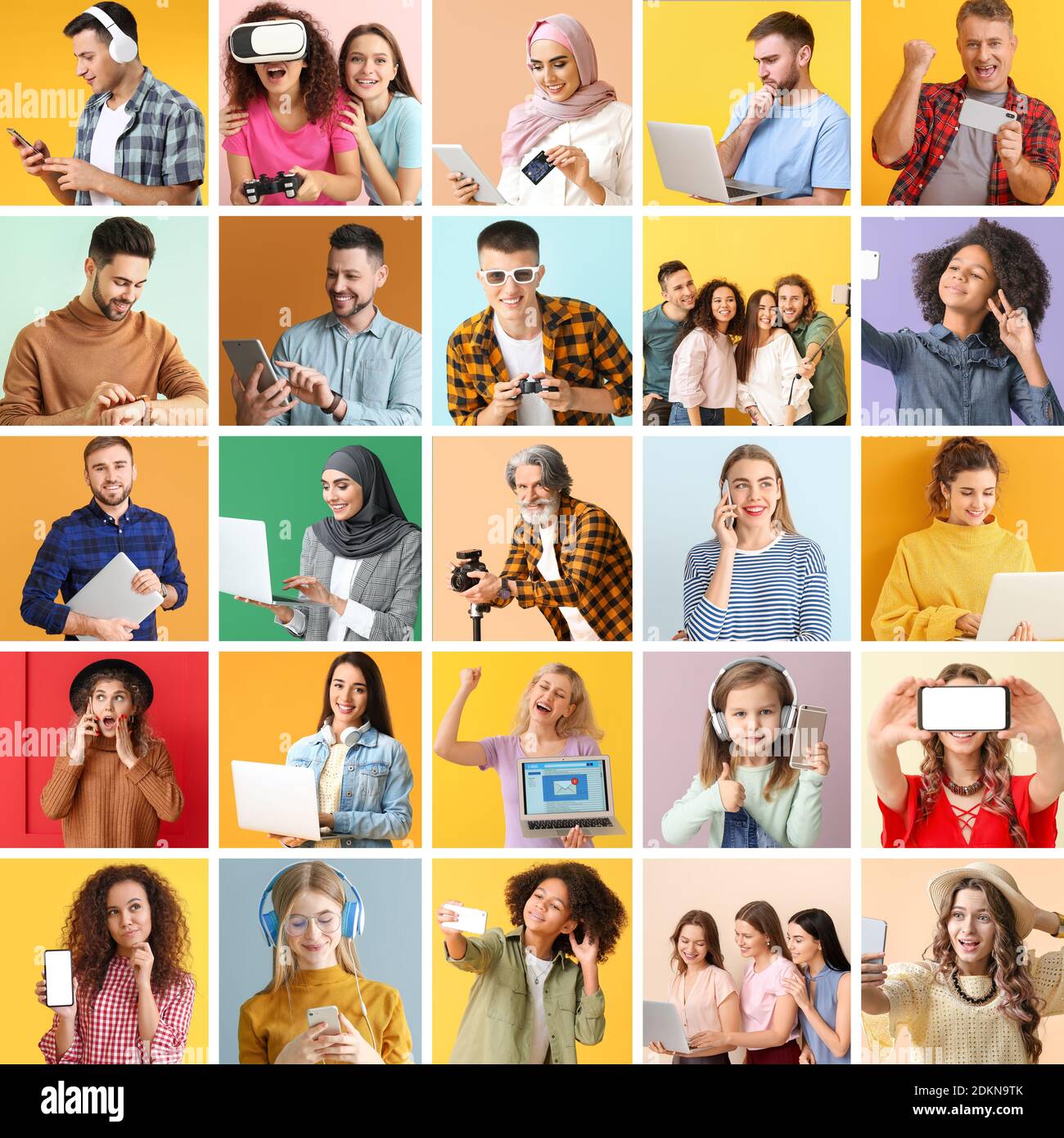 Collage of photos with different people using devices on color ...
