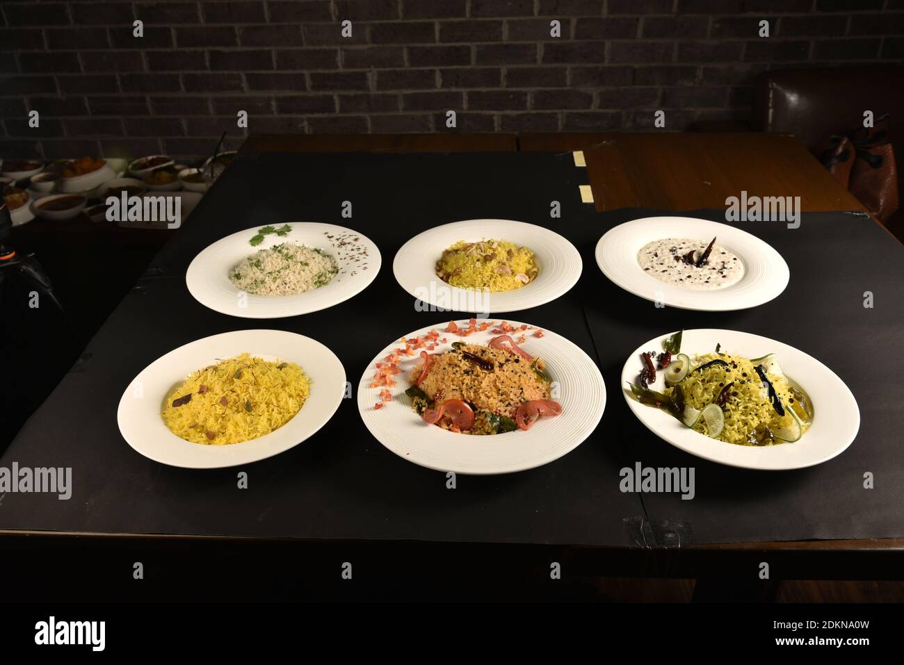 five rice dishes of different flavours served in one table with spicy ...