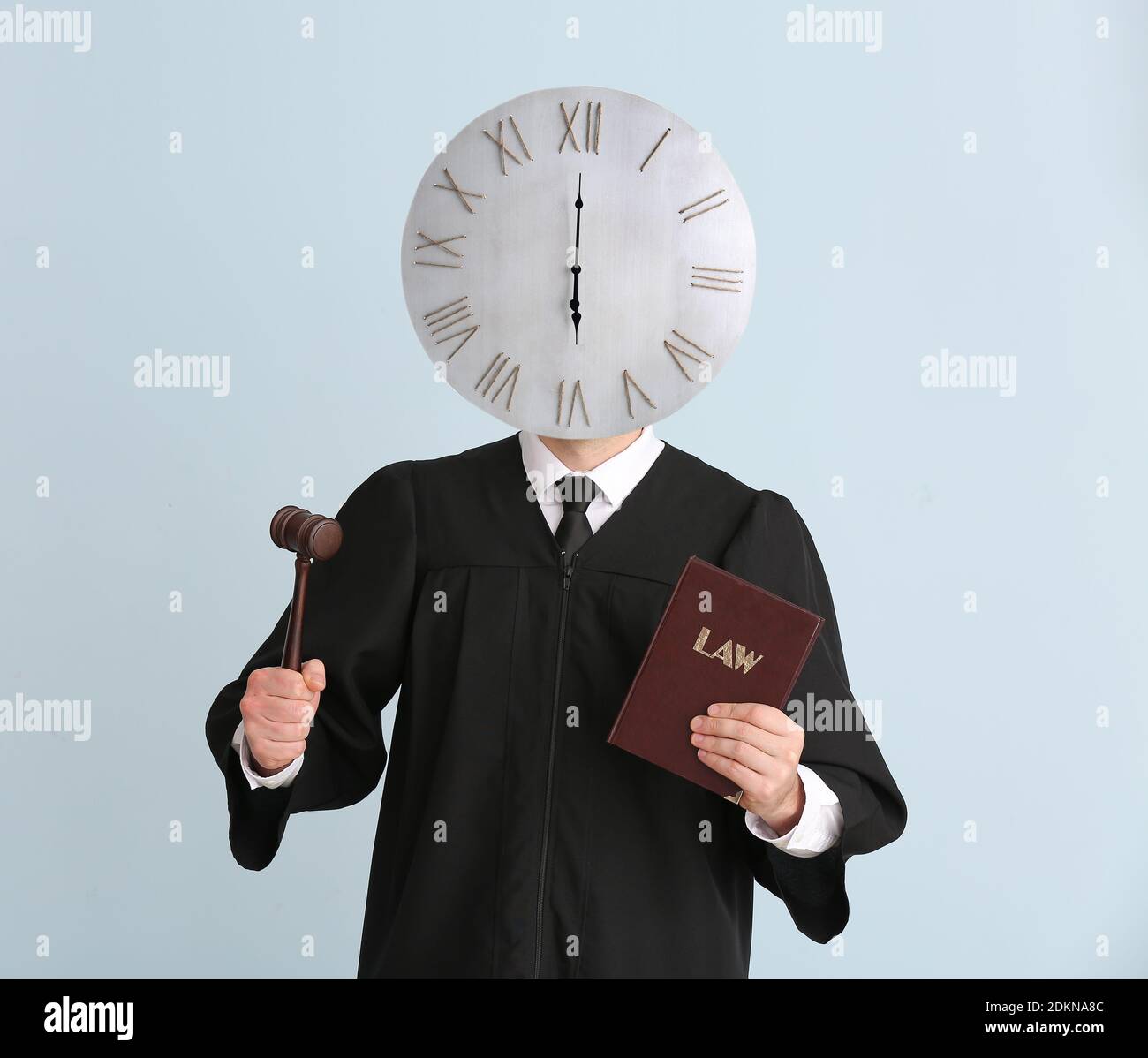 Male judge with clock instead of head on light background. Time ...